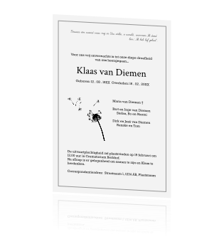 Klassieke rouwbrief met een paardebloem