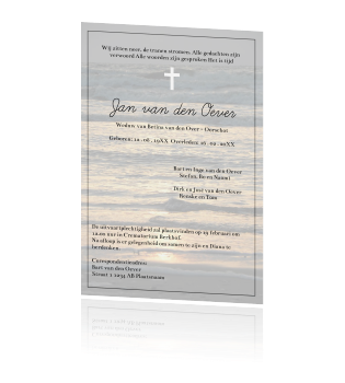 Moderne rouwbrief met de zee op de achtergrond