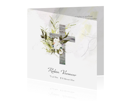 Rouwkaart olieverf bloemen en kruis