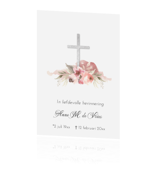 Rouwkaart staand bloemen roze en kruis